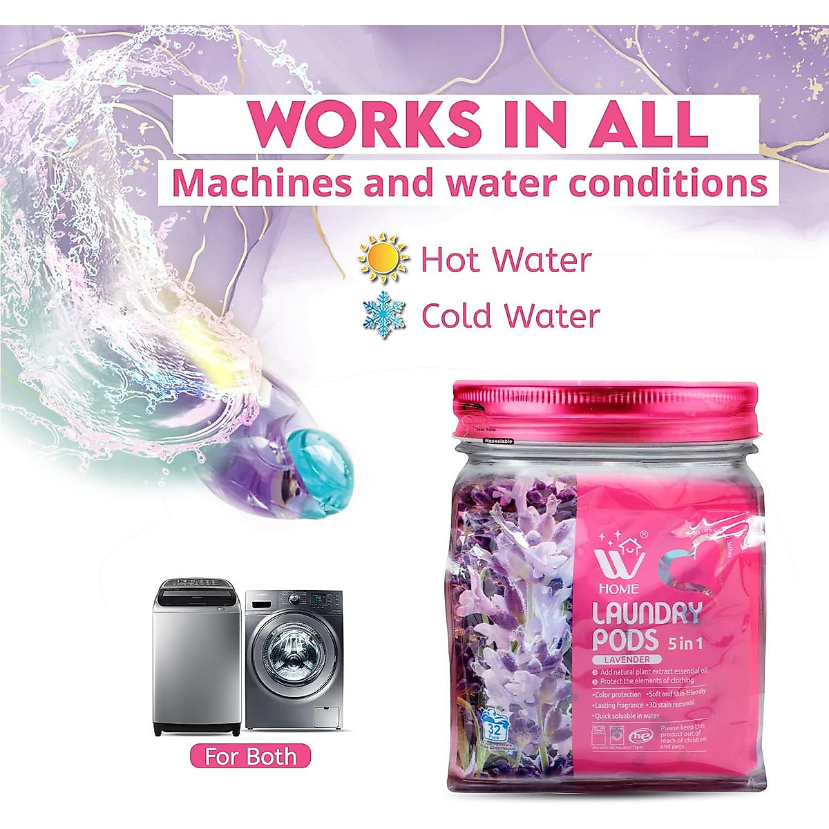 5-in-1 Laundry Pods, Total 96 Count, High Efficiency (HE), Ultra Concentrate with Powerful Stain Lifter Technology, Fabric Softener With Lavender Extracts, Detergent Pods, 32 Count/Each – Pack of 3