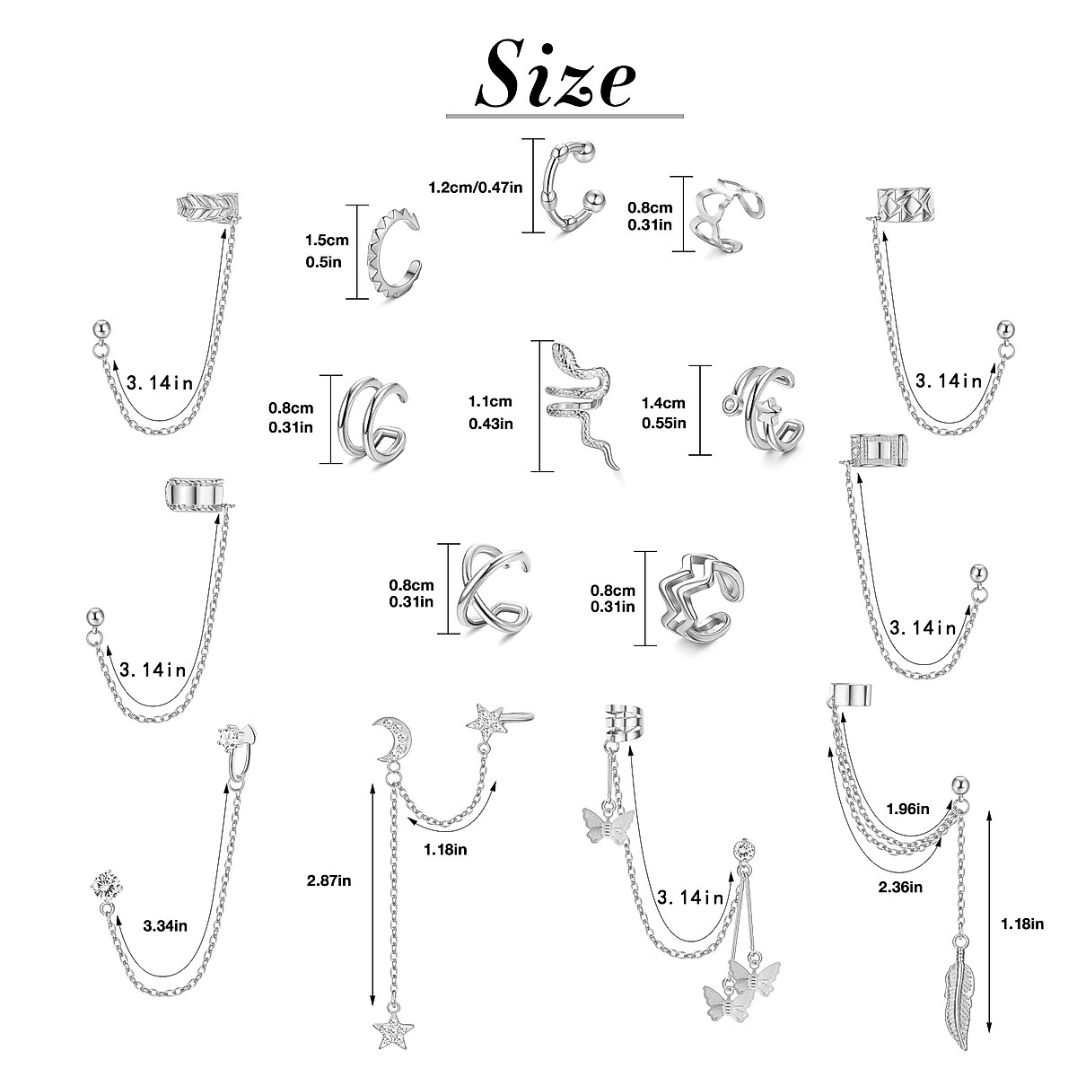 BESTEEL 16 Pcs Ear Cuff Earrings Set for Women Cuff Chain Earrings Helix Cartilage Cuff Earring Non Piercing Earring Pack Silver