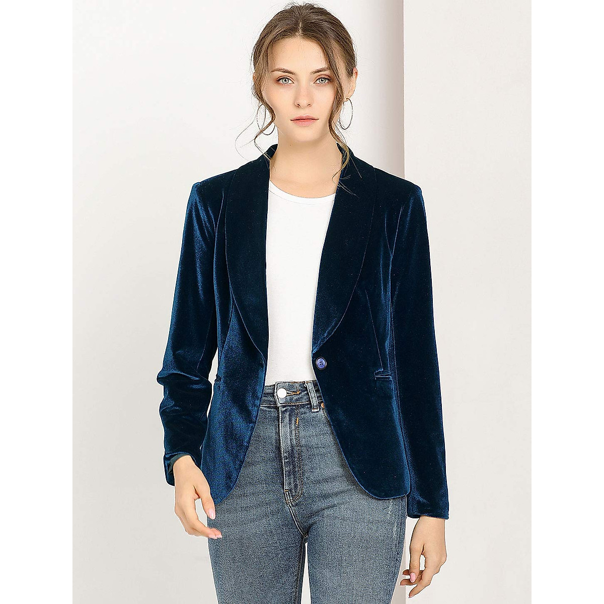 Allegra K Women's Christmas Office Coat Solid Shawl Collar 1 Button Velvet Blazer Medium Deep Blue