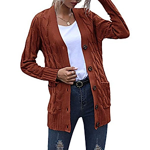 MEROKEETY Women's 2023 Fall Long Sleeve Cable Knit Sweater Open Front Cardigan Button Loose Outerwear Rust