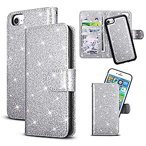 QLTYPRI iPhone 7 Plus Case iPhone 8 Plus Case Glitter PU Leather Wallet Case Detachable Magnetic Slim Case with Card Slots Kickstand 2 in 1 Design Removable Back Cover for iPhone 7P 8P - Silver