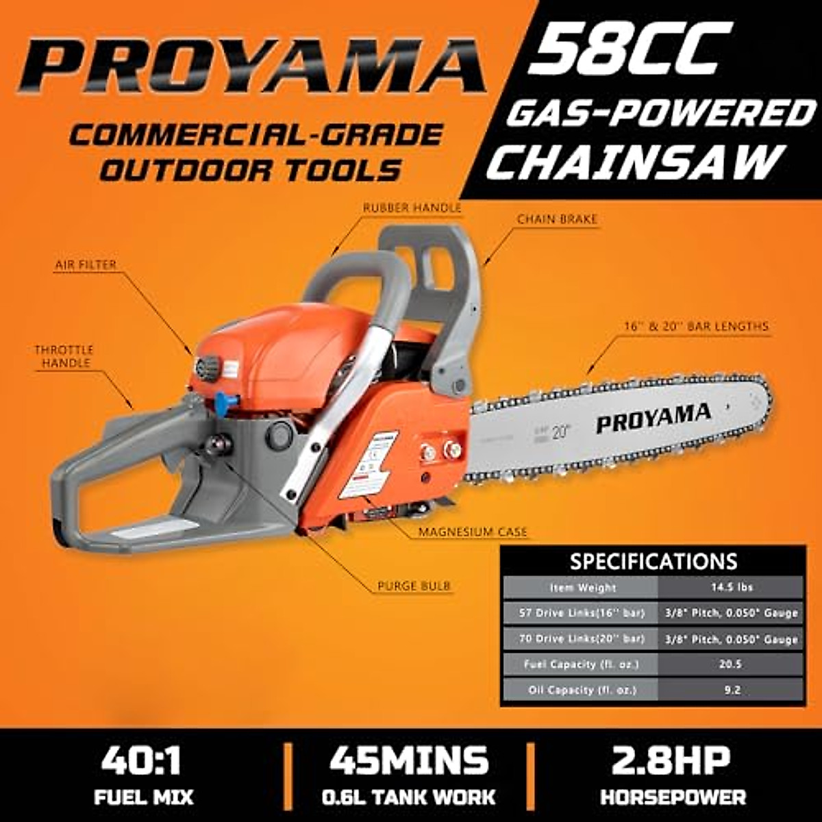 PROYAMA 58CC 2-Cycle Gas Powered Chainsaw, 16-Inch Top Handle Chain Saw, Gasoline Chainsaw 20-Inch for Tree Wood Cutting
