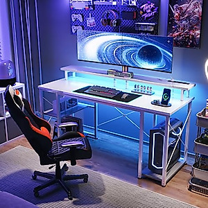 ODK 55 inch Gaming Desk with LED Lights & Power Outlets, Computer Desk with Monitor Stand & Storage Sheves, CPU Stand, Home Office Desk White