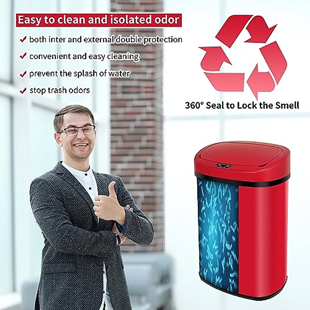 BLKMTY 13-Gallon Stainless Steel Trash Can with Lid, Red, 50L