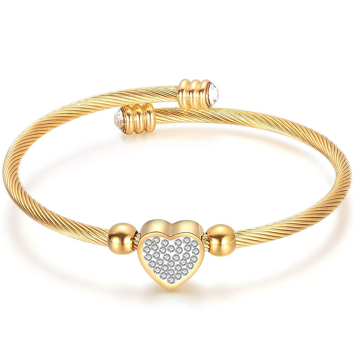 Jude Jewelers Stainless Steel Cable Wire Heart Charm Bangle Bracelet (Gold)