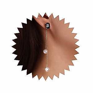 Sttiafay Vintage Black Crystal Pearl Drop Earrings Gold Long Tassel Pearl Earrings Rhinestone Pearl Chain Earrings Black Square Crystal Earrings Jewelry for Women and Girls