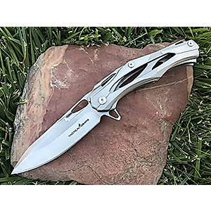 TACTICAL GEARZ SS Pocket Knife! TG Kronus, Brushed Nickel Stainless Steel Handle! Sharp 7Cr17mov Stainless Steel Blade! BallBearing! Includes Sheath!