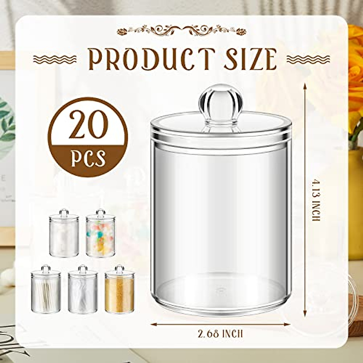 20 Pack Clear Plastic Cotton Ball Holder 10 oz Apothecary Jar Cotton Swab Holder with Lid Round Bathroom Canisters for Cotton Swab Cotton Round Pads, Floss, Vanity Makeup Organizer