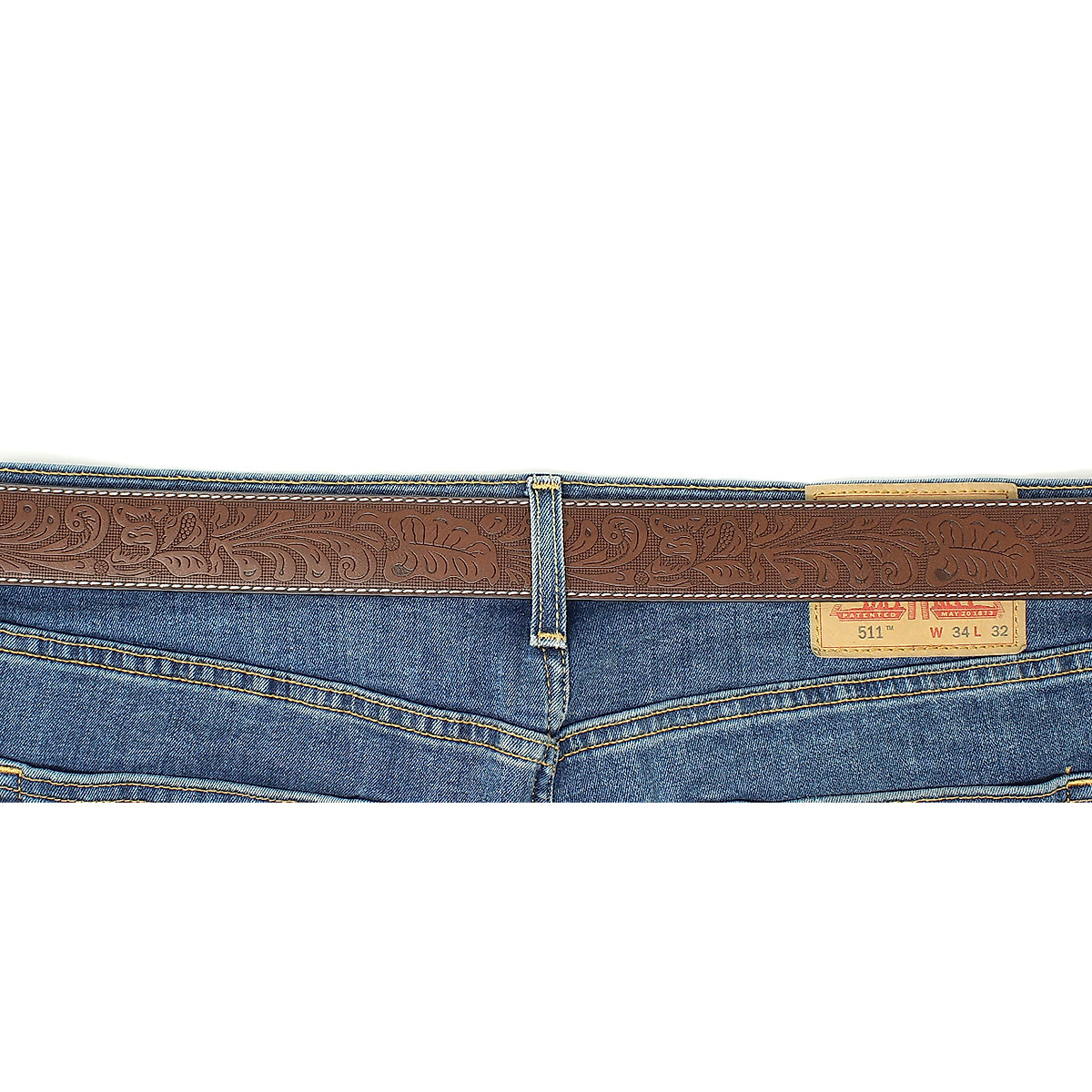 BC Belts Leather Belt Strap with White Stitching and Embossed Western Scrollwork 1.5" Wide with Snaps (Brown/White-L)