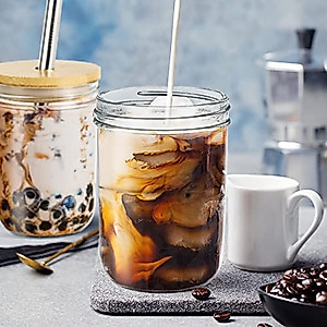 Mason Jar with Bamboo Lids and Stainless Steel Straw, 6 Pack Glass Cups Set, 16oz Cute Boba Drinking Glasses, Mason Jar Cups, Travel Tumbler Bottle for Beer, Iced Coffee, Smoothie, Bubble Tea, Gift