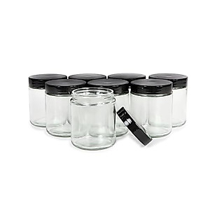 Vivaplex, Clear, 8 ounce, Round Glass Jars, with Black Lids - 8 pack