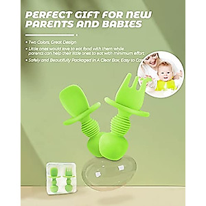2 Pcs Baby Spoons Self Feeding 6 Months, Silicone Baby Spoons First Stage and Baby Fork, Toddler Utensils for Baby Led Weaning with 1 Case (Green))