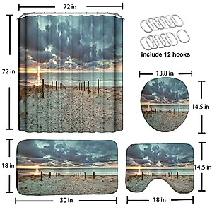 Tropical Ocean Summer Coastal Nautical Beach Theme bathroom Decor 4 Pcs Blue Shower Curtain Sea Sets, Sharks and Dolphins Durable Shower Curtain Toilet Lid Cover and Bath Mat with 12 Hooks, 72" x 72"