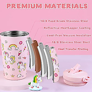 Opreine Kids Tumbler with Lid and Straw, 14oz Insulated Water Bottle with Straw, Stainless Steel Kids Cup for Girls, Double Wall Vacuum Thermos Water Bottle for School Sports Travel, Pink Unicorn