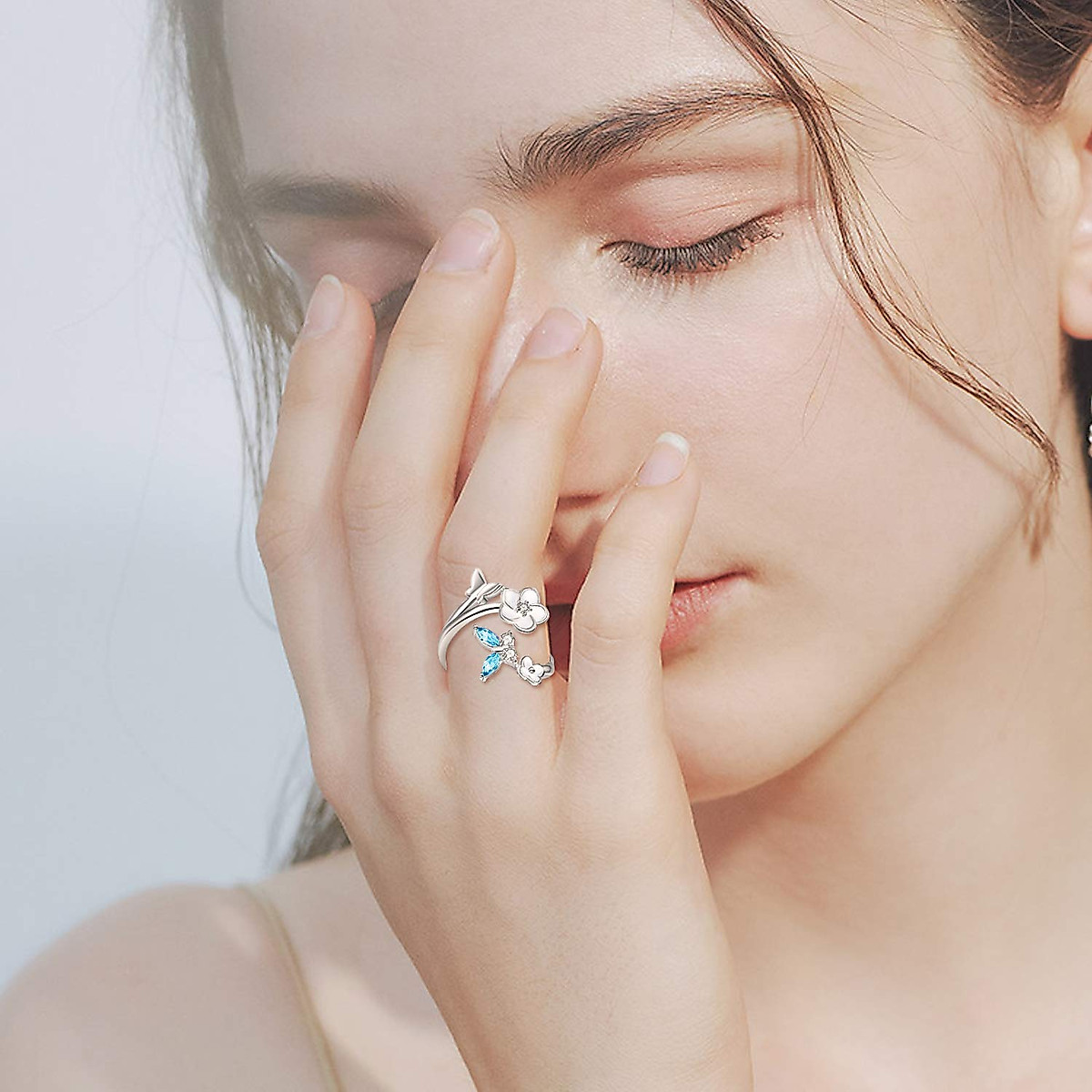 Sterling Silver Butterfly Rings Cubic Zirconia Flower Adjuastable Band Jewelry for Women Girls (Light Blue- Aquamarine)