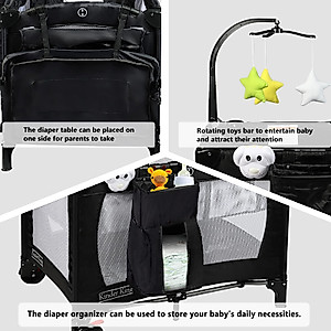 Kinder King 3 in 1 Portable Nursery Center, Foldable Playard for Baby & Toddler, Infant Pack n Play w/Bassinet, Removable Mattress, Newborn Changing Table, Travel Bag, Music Box, Storage Basket, Black