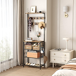 HOMEFORT Coat Rack with Shoe Storage, 5-Tier Shoe and Coat Rack with 9 Clothes Hooks, Freestanding Hall Tree Organizer for Entryway, Bedroom, Rustic Brown