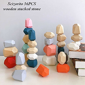 Scizorito 36 PCS Wooden Colorful Sorting Stacking Balance Stone,Lightweight Educational Preschool Learning Game, Natural Montessori Puzzle Set Toys for Children Over 3 Years Old