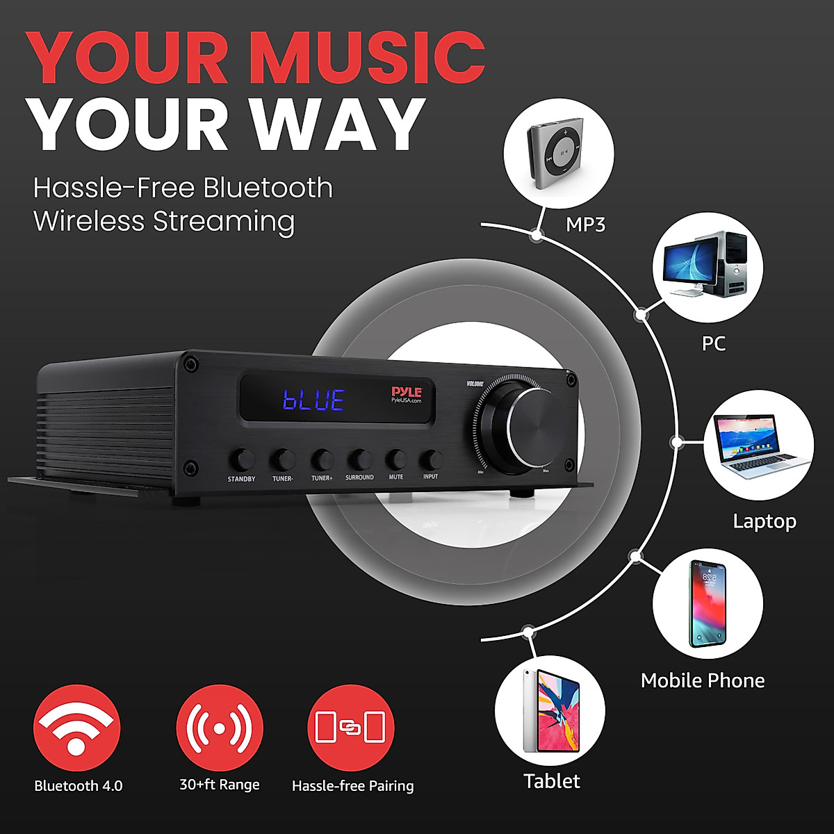 Pyle 100W 5 Channel Audio Amplifier - Wireless Bluetooth Home Theater Power Stereo Receiver with Surround Sound w/HDMI, AUX, FM Antenna, Subwoofer Speaker Input, 12V Adapter - PFA540BT.6