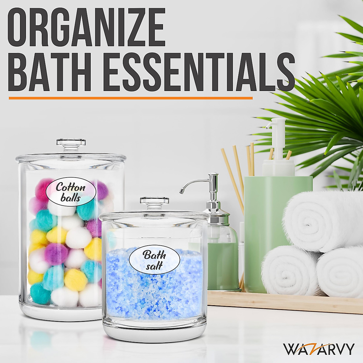 Premium Clear Acrylic Apothecary Jars with Lids for Bathroom & Laundry Room - Multipurpose Bathroom Canisters with Scoops & Labels - Laundry Containers for Pods & Dryer Sheets - Assorted 4 Pack