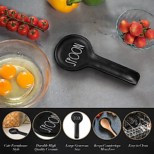 [Set of 2] Farmhouse Spoon Rests for Kitchen Counter by Brighter Barns - Black White Ceramic Spoon Rest for Stove Top - Stove Spoon Holder for Countertop - Coffee Spoon Rest - Farmhouse Kitchen Decor