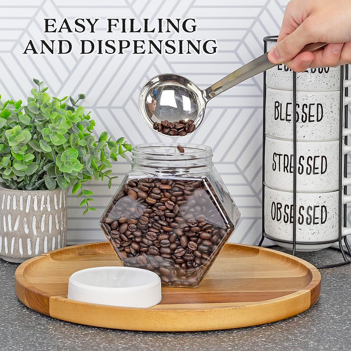 Cornucopia Plastic Hexagon Shaped Jars (4-Pack, 30oz); Value Pack of Containers for Snacks, Gifts and Storage, 2 1/2 Cup Capacity, 5 x 5 x 3 Inches