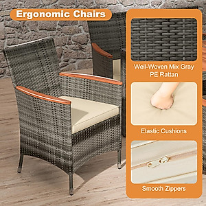 HAPPYGRILL 9 Pieces Outdoor Dining Set, Acacia Wood and Rattan Furniture Set with 1 Large Rectangular Table and 8 Chairs with Cushions, Patio Wicker Dining Table and Chairs Set