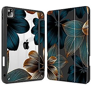 Lepeoac Designed for iPad Pro 12.9 Inch (2022/2021/2020/2018, 6th/5th/4th/3st Generation) with Transparent Shockproof Back Cover [Built-in Pencil Holder] Auto Sleep/Wake, Luxury Leaves