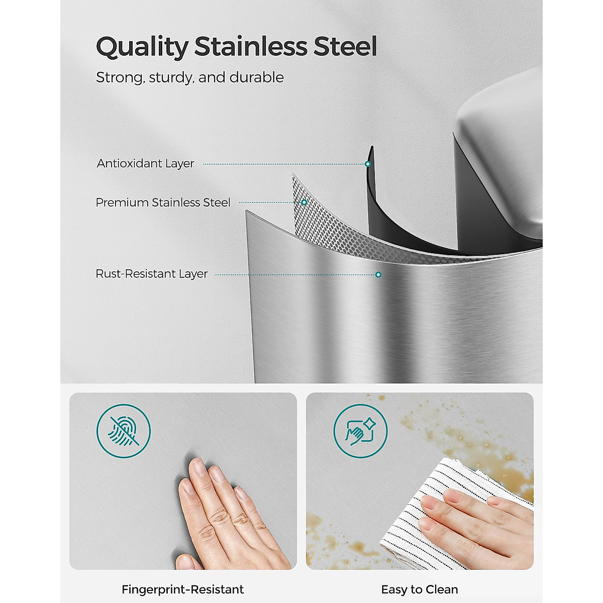 SONGMICS Trash Can, 8 Gallon (30L) Trash Bin with Lid and Inner Bucket, Stainless Steel Garbage Can, Soft Close, Silver ULTB01L