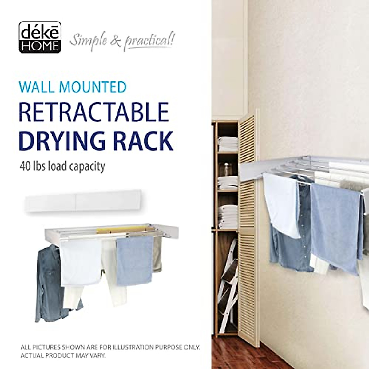Wall mounted retractable clothing drying rack. Foldaway clothes rack. Collapsible folding hung indoor & outdoor. Space saver compact wall mount design. Foldable Hanging Racks for Laundry room (white)
