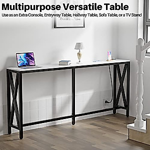 Aquzee Console Table with 2 Power Outlet and 2 USB Ports, 70.9" x 11.8" x 31.5" Steel Frame Narrow Behind Couch Sofa Table, Extra Long White Entryway Table