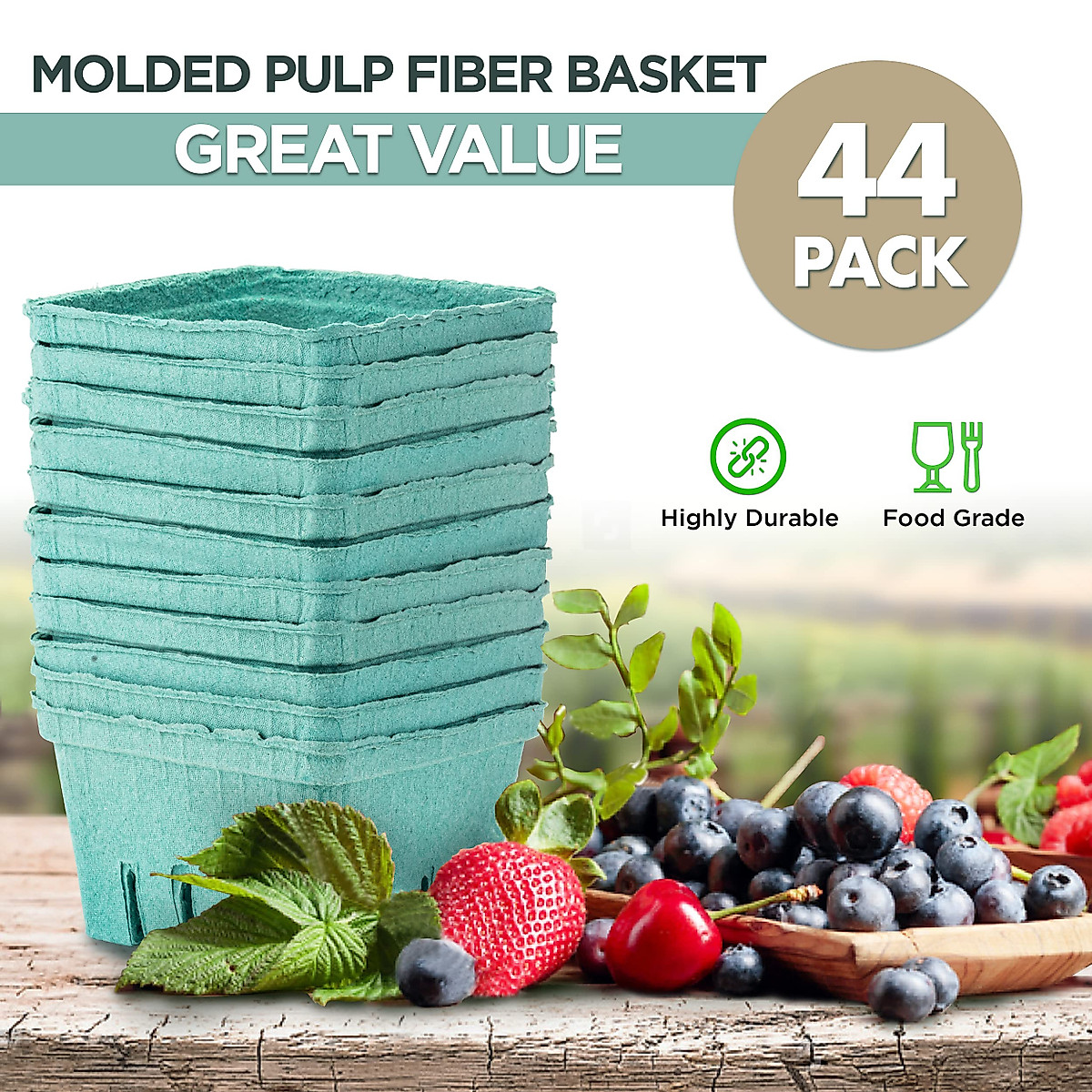 FMP Brands 44 Pack Quart Green Molded Pulp Fiber Berry Basket Produce Vented Container for Fruit and Vegetable, Farmer Market, Grocery Stores and Backyard Party