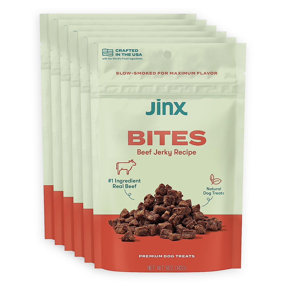 Jinx Beef Bites, Soft Jerky Dog Treats, Bite-Sized Snack, Low-Calorie and Packed with Flavor, Slow-Smoked Real Beef & Liver, No Fillers, 5oz, 6 Pack