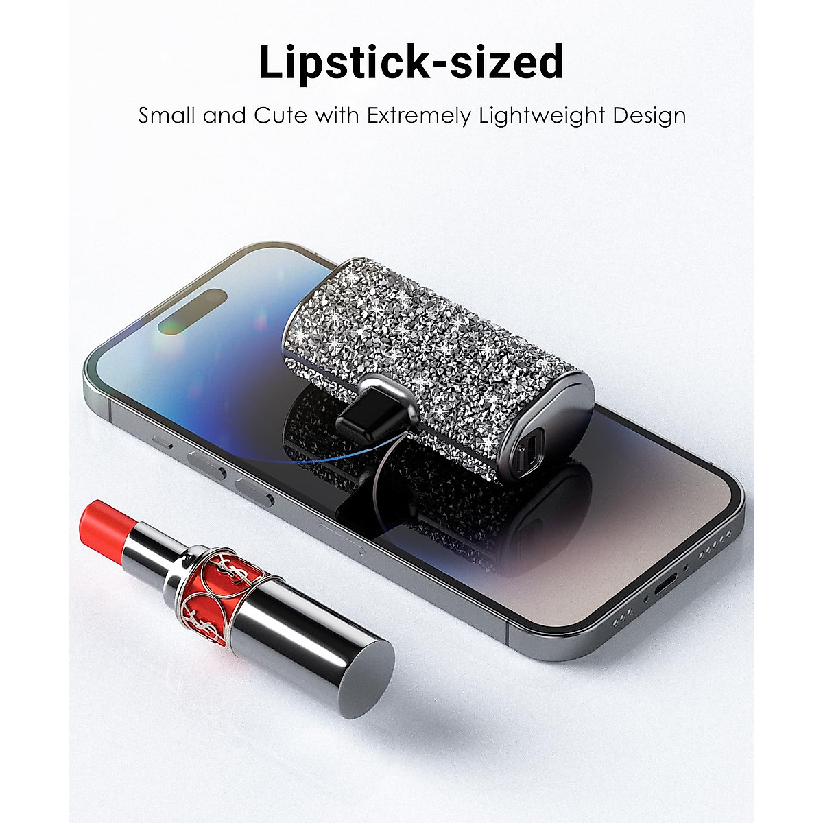 Bling Small Portable Charger, Power Bank, 6800mAh Ultra Compact Cute Shining Battery Pack 5V3.1A Fast Charger Built-in iOS Connector and Flashlight for iPhone 14 Series to iPhone 5 Series(Silver)