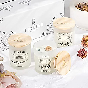 Firefli Crystal Candles 3-Piece Crystal Candle Set with Wood Lids & Dried Flowers | Candles Gifts for Women | 3.5oz Manifestation Candles with Crystals Inside | Soy Wax Scented Luxury Candles