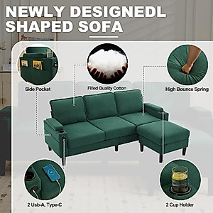 78'' Sectional Modular Sofa L Shaped Couches for Living Room, Small 3 Seat Sofa Couch with Storage Ottoman, Comfy Linen Fabric Upholstered Couch with USB Ports & Cup Holder Furniture, Green
