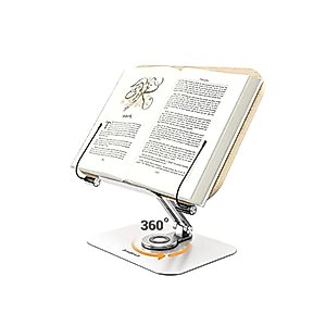 Book Stand for Reading, Amasrich Adjustable Holder with 360° Rotating Base & Page Clips, Foldable Desktop Ricer for Cookbook,Sheet Music,Laptop,Recipe,Textbook,Hands Free,Wood,Aluminium