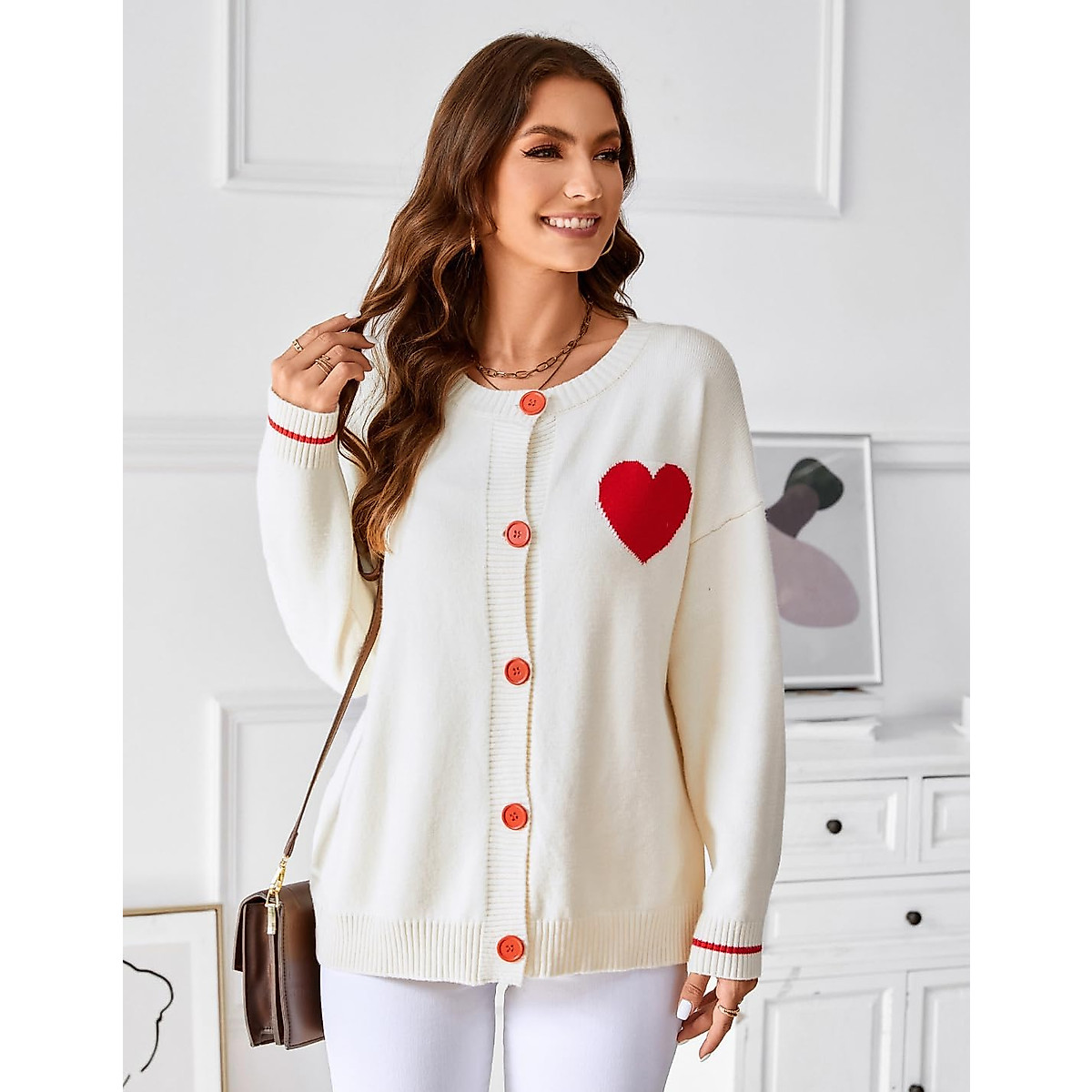 FindThy Women's Cute Cardigan Sweater Kawaii Love Heart Print Y2K Button Knitted Outerwear(0335-Beige-OneSize-LB)