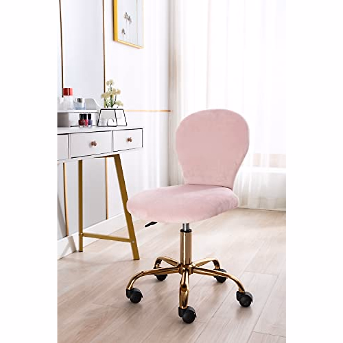 Porthos Home Evie Office Chair with Soft Velvet Upholstery, Stylish Golden Metal Legs with Roller Wheels and Adjustable Height, Sleek Armless Design for The Cozy Home Studio and Small Office