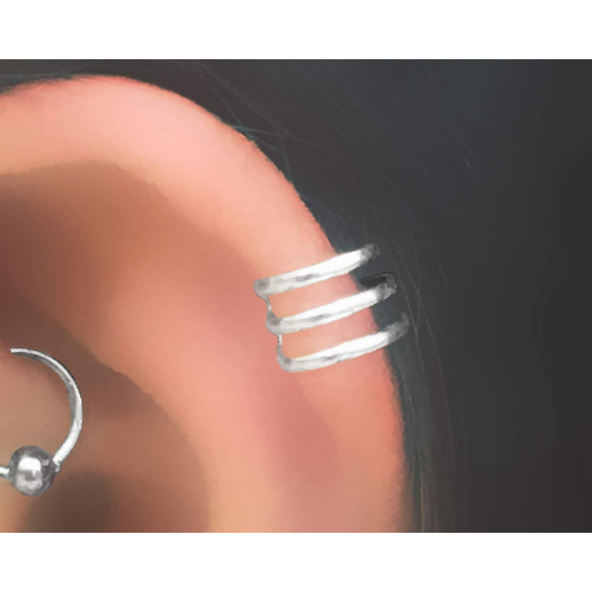 Handmade Silver 2Pcs Ear Cuffs Non-Piercing Earrings, 925 Sterling Silver, Fake Cartilage Helix Non-Pierced Ear Clip on for Women, Tiny Triple Band & Wide Band Ear Wraps, By Miya Jewelry