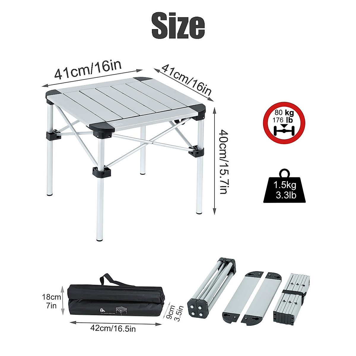 iClimb Lightweight Stable Alu. Folding Square Table Roll Up Top with Carry Bag for Camping Picnic Backyards BBQ Camp Kitchen (Silver, S)