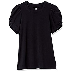 Amazon Essentials Women's Classic-Fit Twist Sleeve Crewneck T-Shirt, Black, Medium