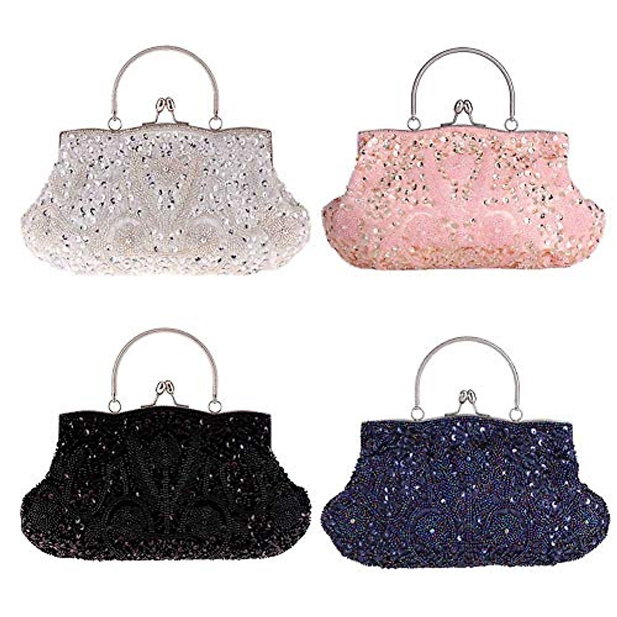 KALAIEN Beaded Sequin Evening Clutch Bag Bridal Wedding Purses Women Evening Bags (Silver)