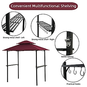 8'x 5' Grill Gazebo Canopy - Outdoor BBQ Gazebo Shelter with Hook and Bar Counters, Steel Frame Double Tier Soft Top Canopy, Red