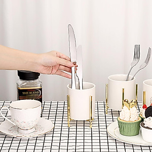 JUXYES Pack of 3 Ceramic Silverware Holder For Table Setting, White Cutlery Holder Holder With Golden Metal Bracket, Small Flatware Caddy Organizer Utensil Holder Organizer for Kitchen Dining Tables