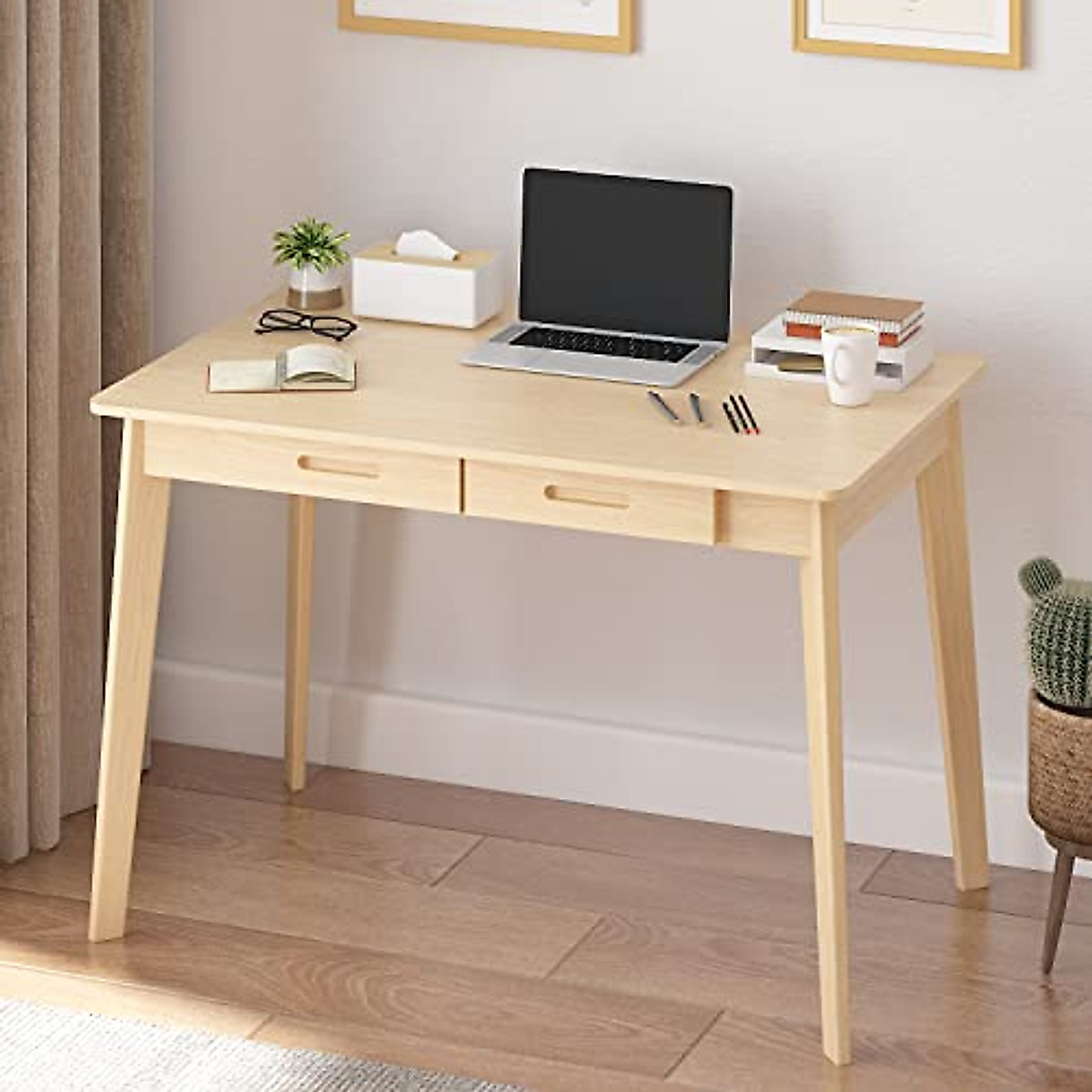 AIEGLE Wood Computer Desk Writing Table with 2 Drawers, 39 inch Home Office Workstation, Natural Color (39.4" L x 21.7" W x 29.5" H)