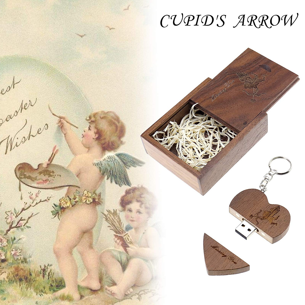 64GB Wooden Heart Shape USB Flash Drive with Gift Box Girl Boy Friend Valentine's Day