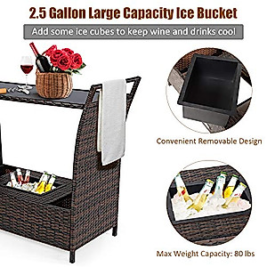 Tangkula Outdoor Wicker Bar Cart, Patio Wine Serving Cart w/Wheels & Removable Ice Bucket, Rolling Rattan Beverage Bar Counter Table w/Glass Top for Porch Backyard Garden Poolside Party, Mix Brown