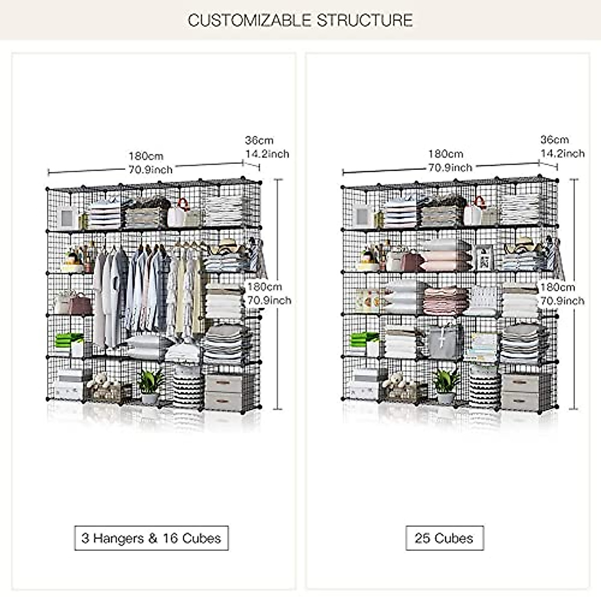 YOZO Wire Cube Storage Metal Closet Wardrobe Room Organizaion armoire Pantry Cabinet Book Shelf Organizer Rack MultiFuncation Cubby Shelving Unit, 25 Cubes, Black