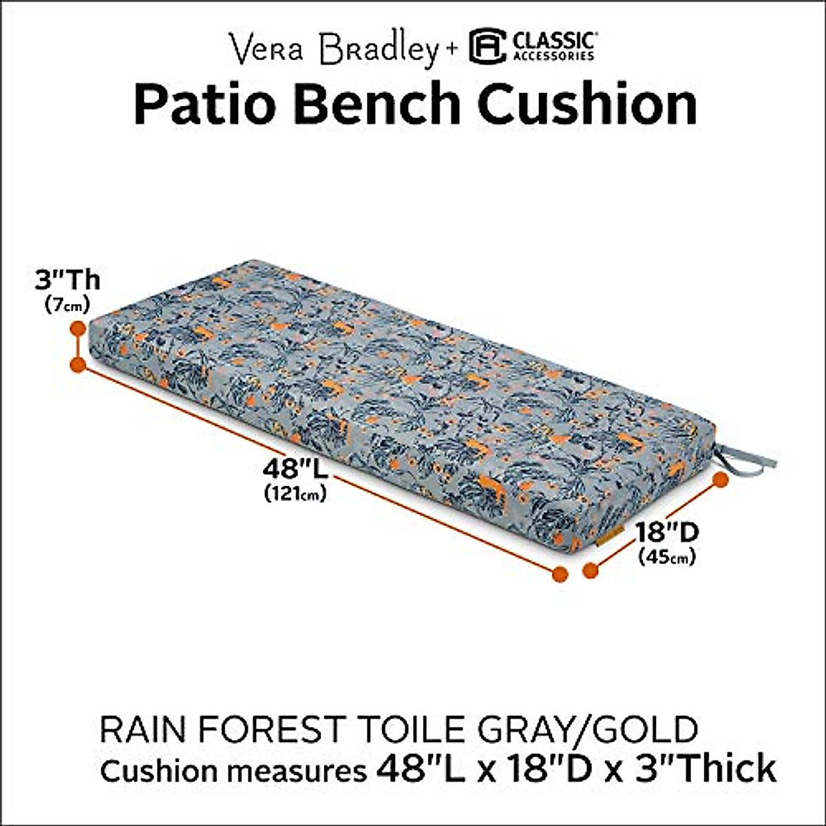 Vera Bradley by Classic Accessories Water-Resistant Patio Bench Cushion, 48 x 18 x 3 Inch, Rain Forest Toile Gray/Gold